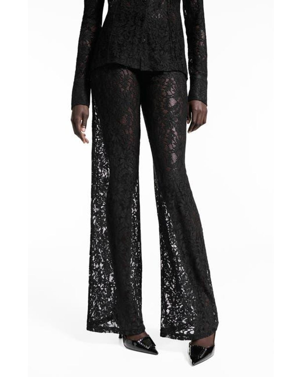 Mango Sheer Lace Wide Leg Pants in Black | Lyst