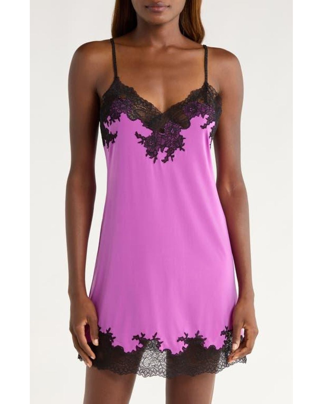 Natori Enchant Lace Trim Satin Chemise in Purple | Lyst