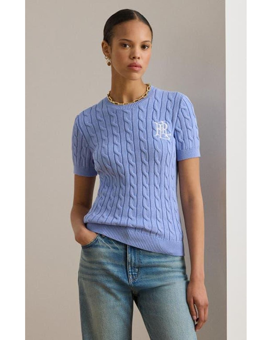 Ralph Lauren Embroidered Logo Short Sleeve Cable Sweater in Blue | Lyst