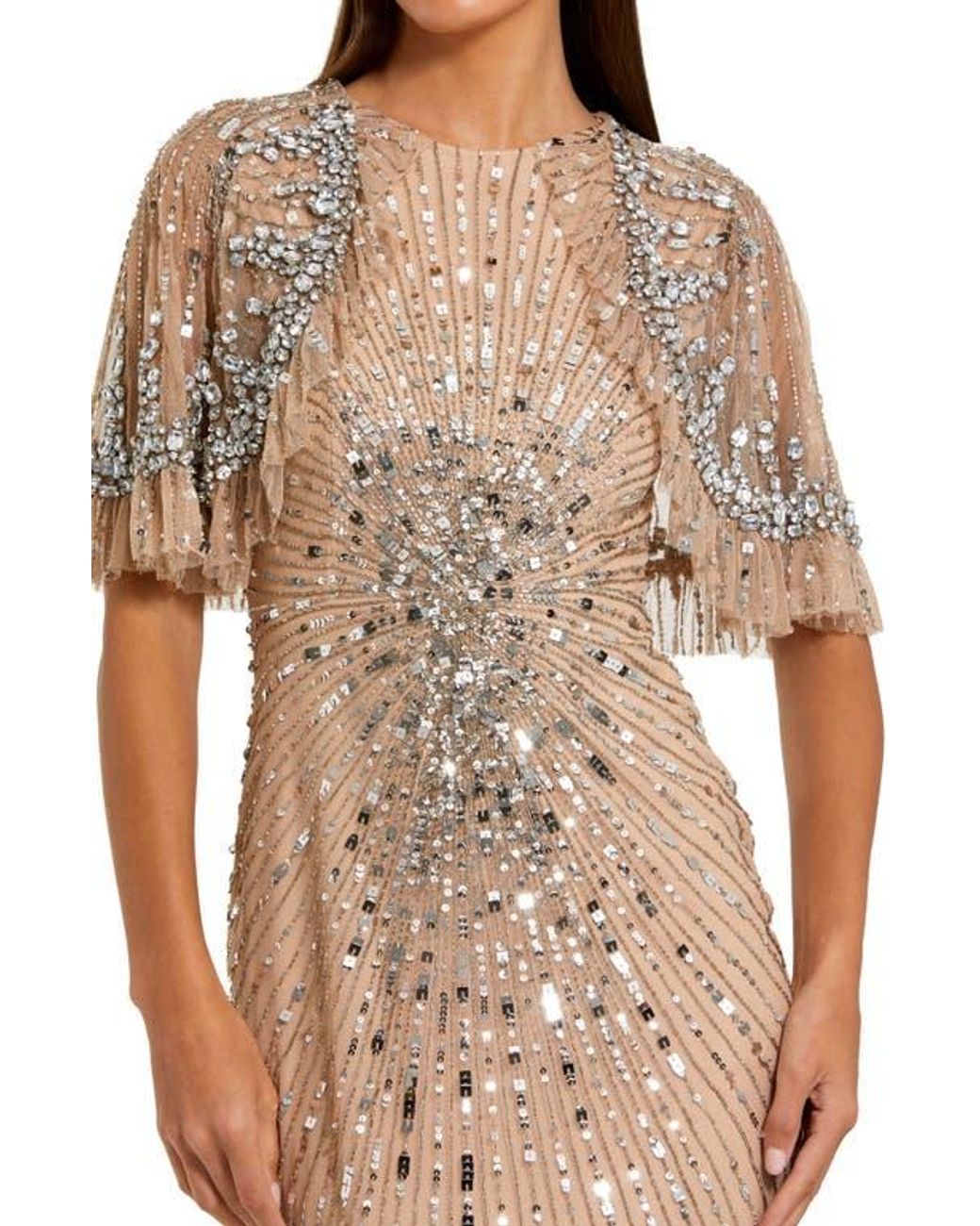 Mac Duggal Beaded Mesh Fitted Capelet Gown in Natural | Lyst