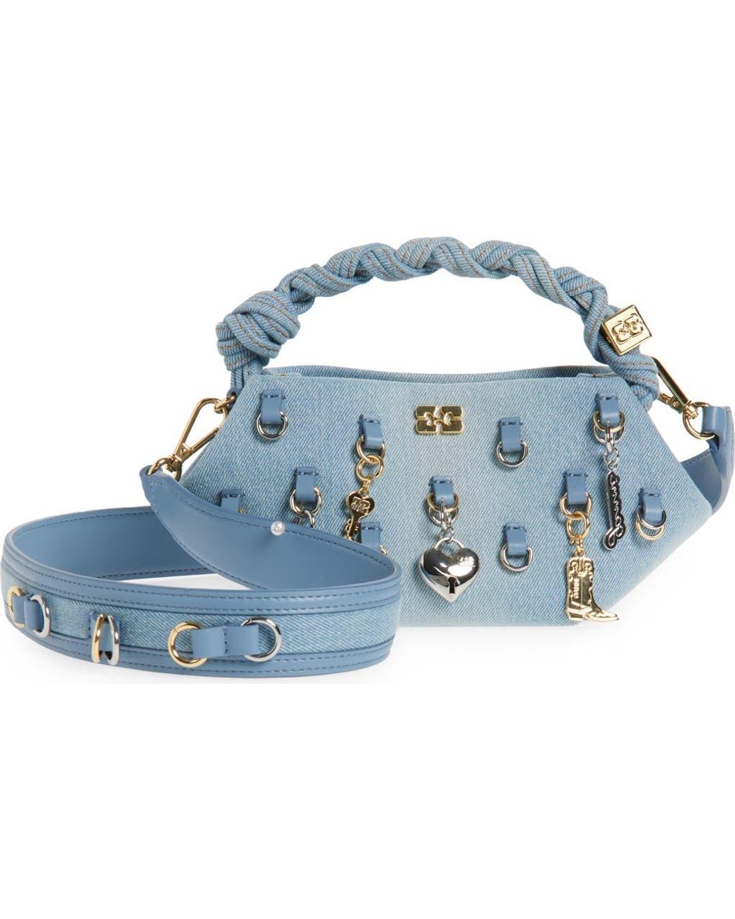 Ganni Mini Bou Charm Embellished Denim Top Handle Bag in Blue | Lyst