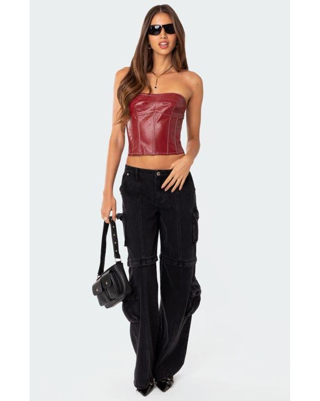 Edikted Moss Lace-Up Strapless Faux Leather Corset Top in Red | Lyst