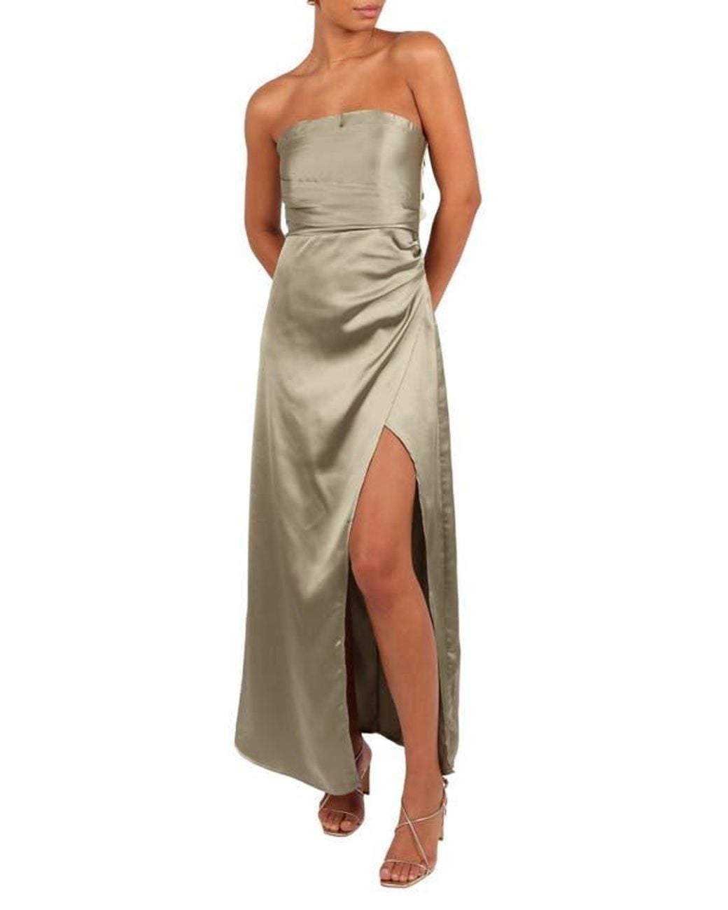 Petal & Pup Kara Strapless Stretch Satin Gown in Green | Lyst