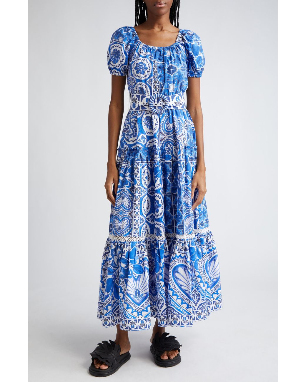 FARM Rio Tile Dream Puff Sleeve Belted Cotton Maxi Dress in Blue | Lyst
