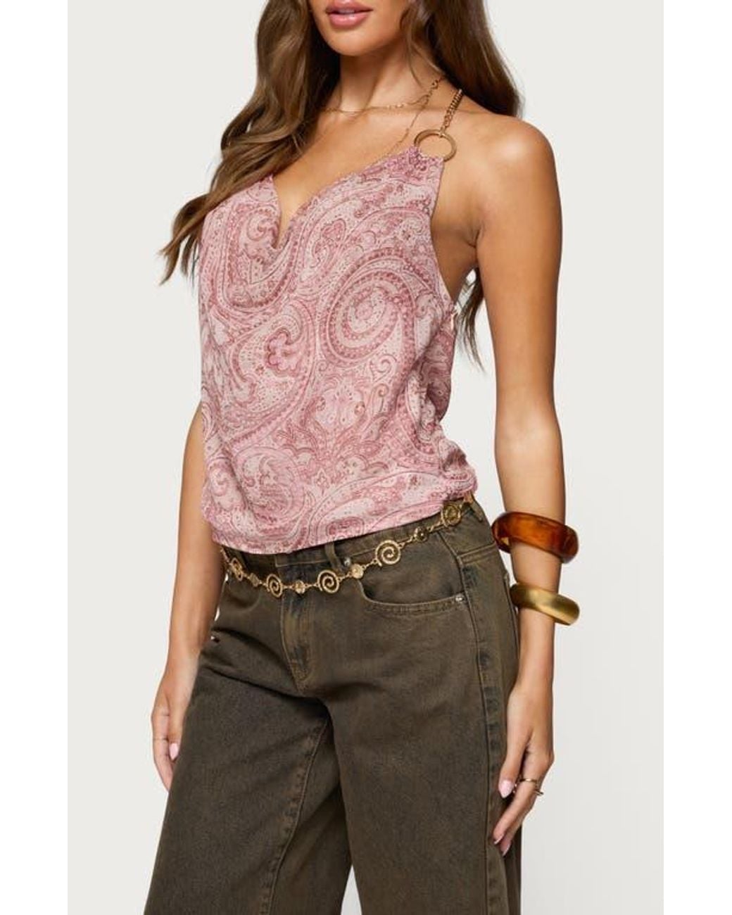 Edikted Plunge Cowl Neck Chain Crop Halter Top in Red | Lyst