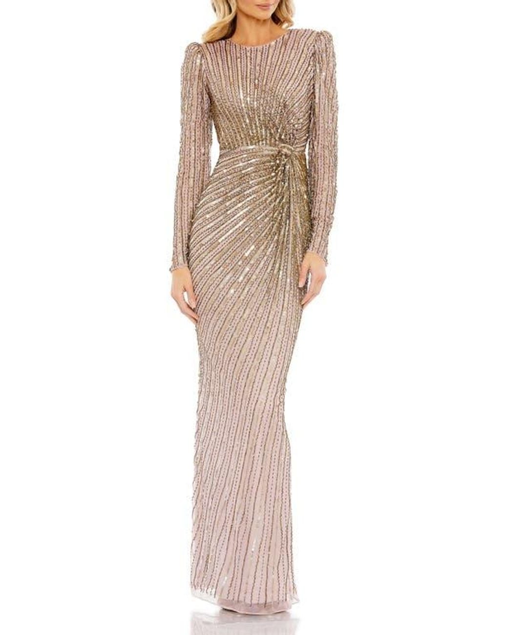 Mac Duggal Embellished Puff Sleeve Side Knot Gown in Natural | Lyst