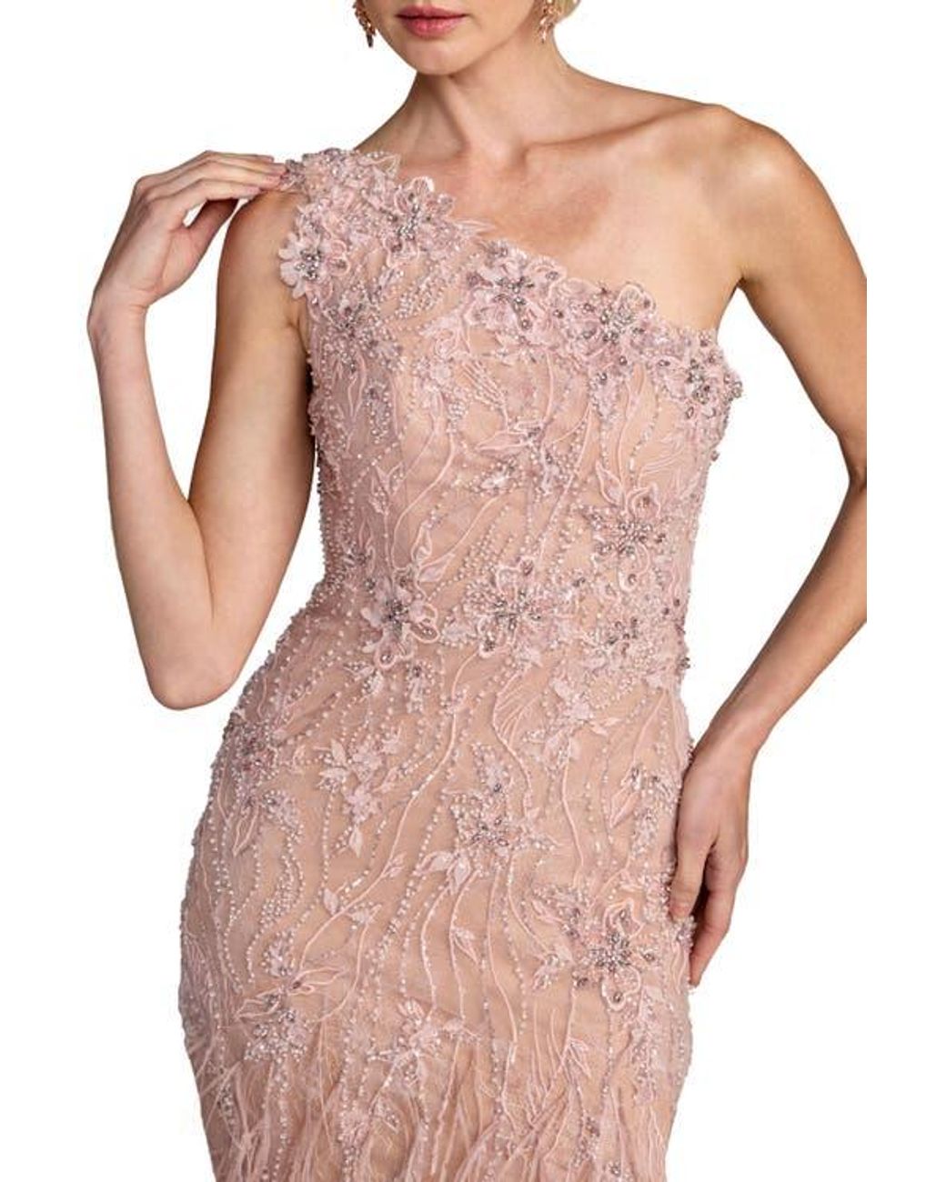 Mac Duggal Embellished Lace One Shoulder Feather Gown in Pink | Lyst