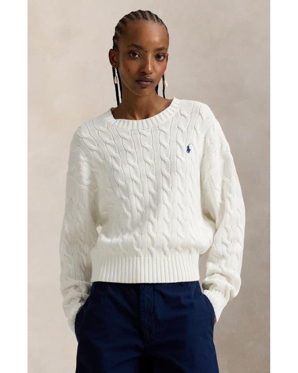 Polo Ralph Lauren Cable Knit Crewneck Sweater in White | Lyst