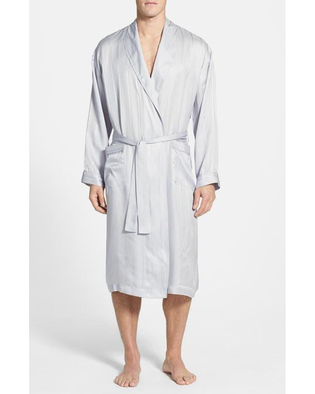 Majestic International Herringbone Stripe Silk Robe in White for Men | Lyst