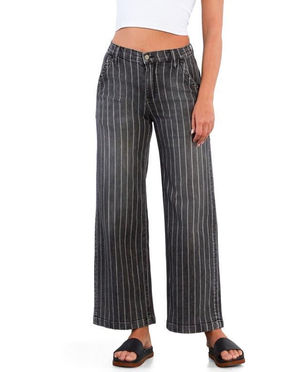 HINT OF BLU Stripe High Rise Wide Leg Jeans in Gray | Lyst