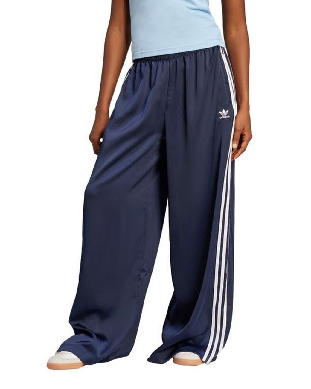 adidas Originals Recycled Polyester Satin Wide Leg Track Pants in Blue ...