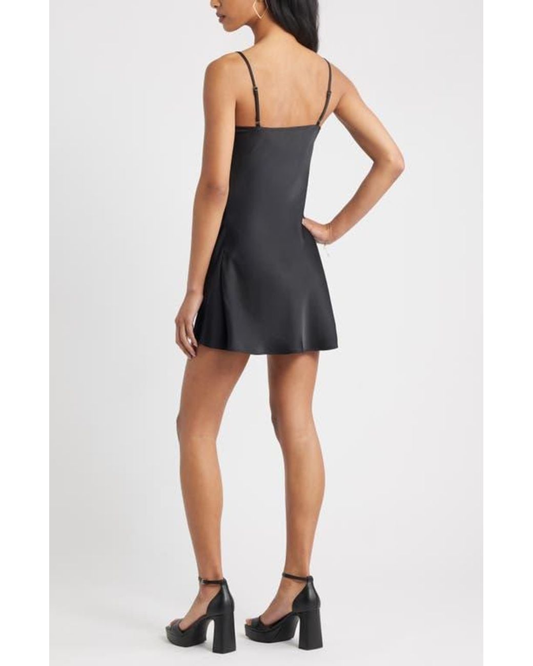 BP. Bow Strap Satin Mini Slipdress in Black | Lyst