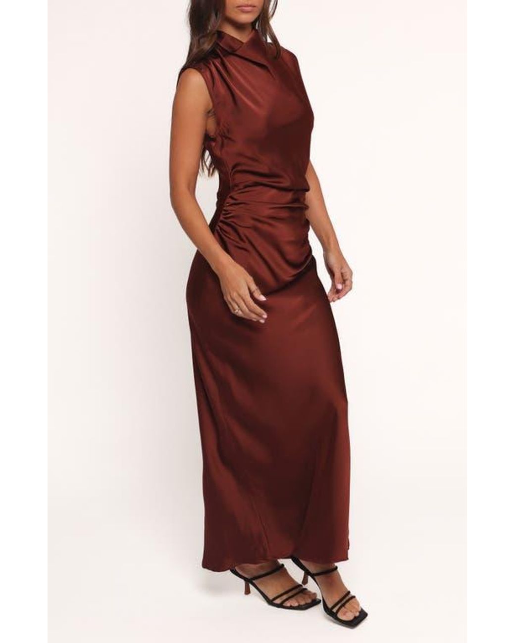 Petal & Pup Meryn Ruched Satin Maxi Dress in Red | Lyst