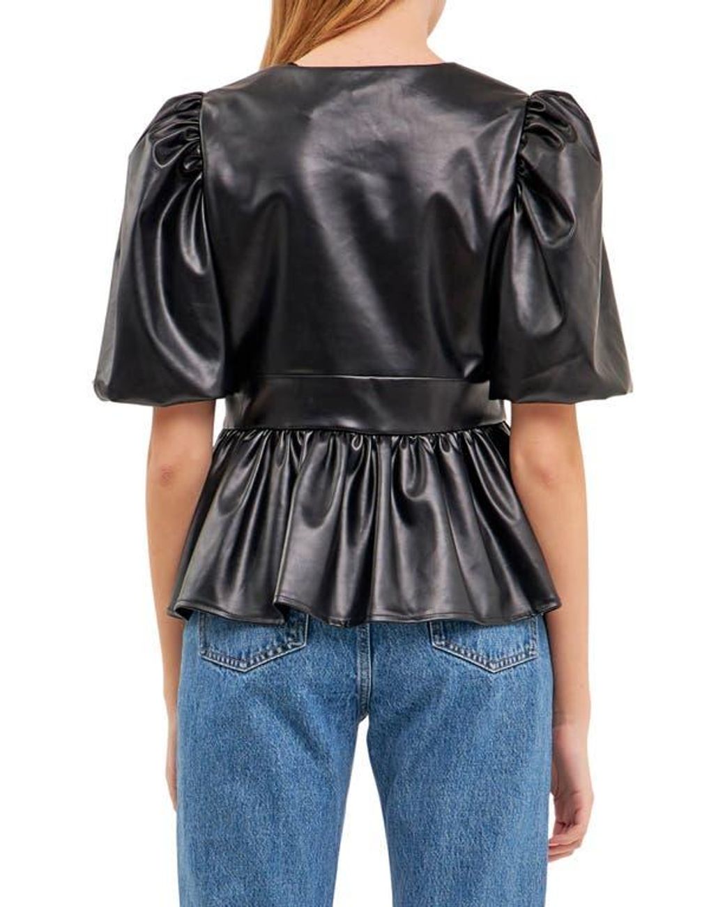 English Factory Puff Sleeve Faux Leather Peplum Top in Black | Lyst