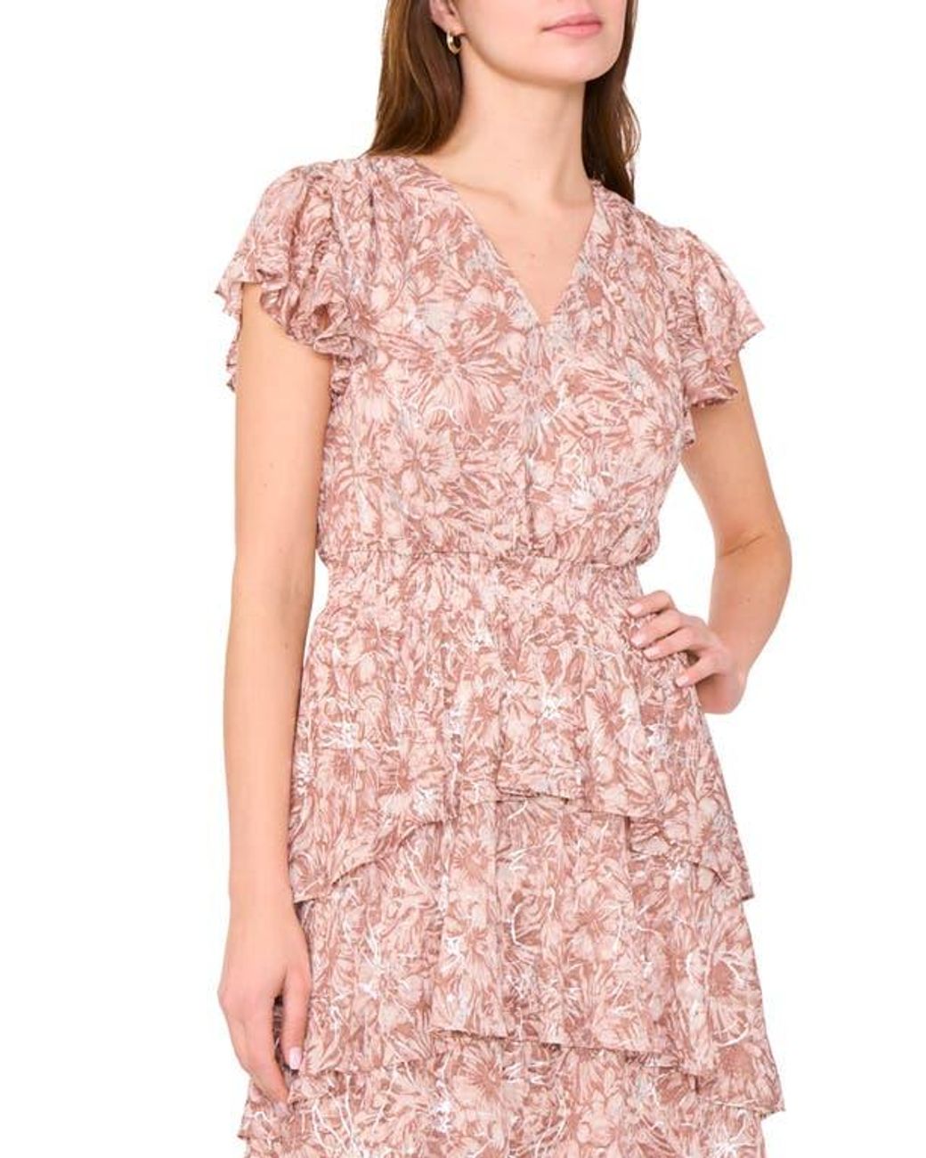 Halogen® Floral Flutter Sleeve Tiered Maxi Dress in Pink | Lyst
