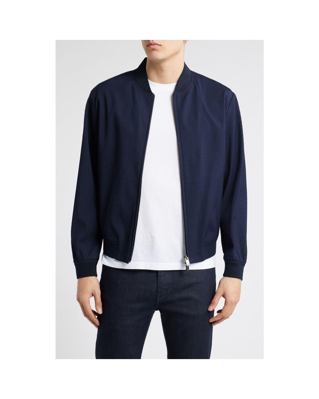 BOSS Hanry Stretch Virgin Wool Blend Bomber Jacket in Blue for Men | Lyst