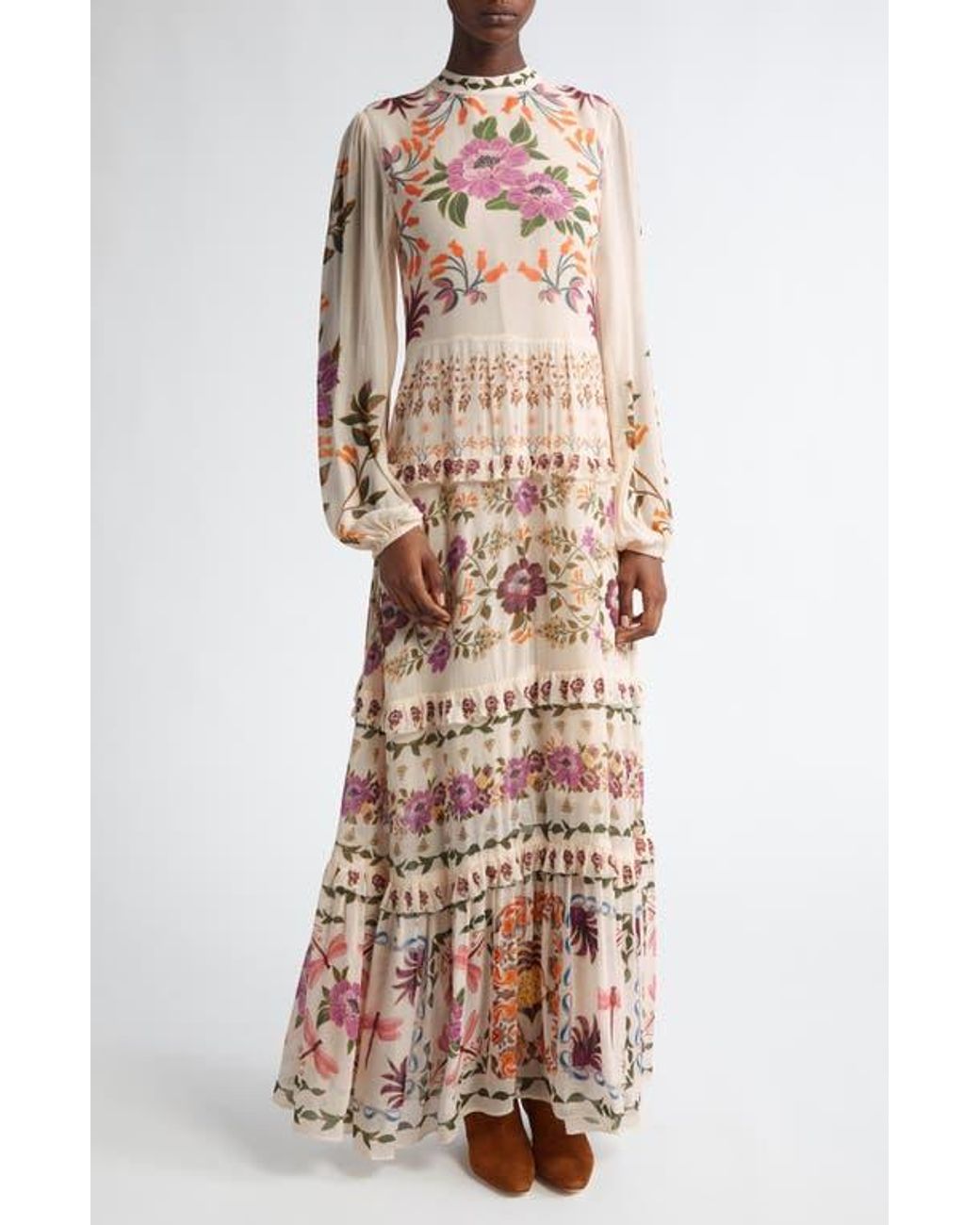 FARM Rio Winter Garden Ruffle Long Sleeve Maxi Dress in Natural | Lyst