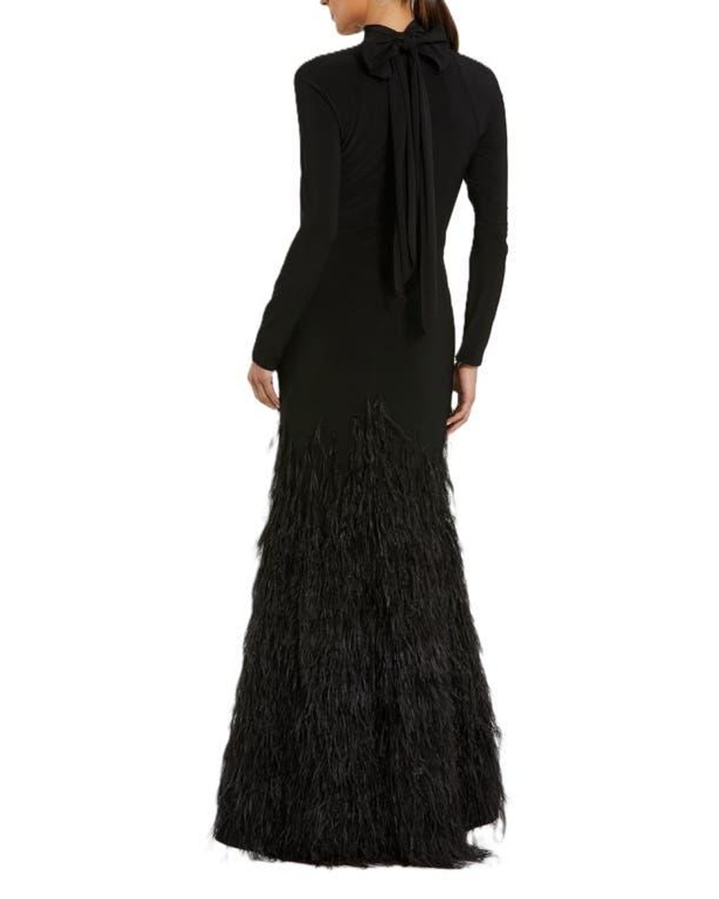 Mac Duggal Jersey Long Sleeve High Neck Feather Gown in Black | Lyst