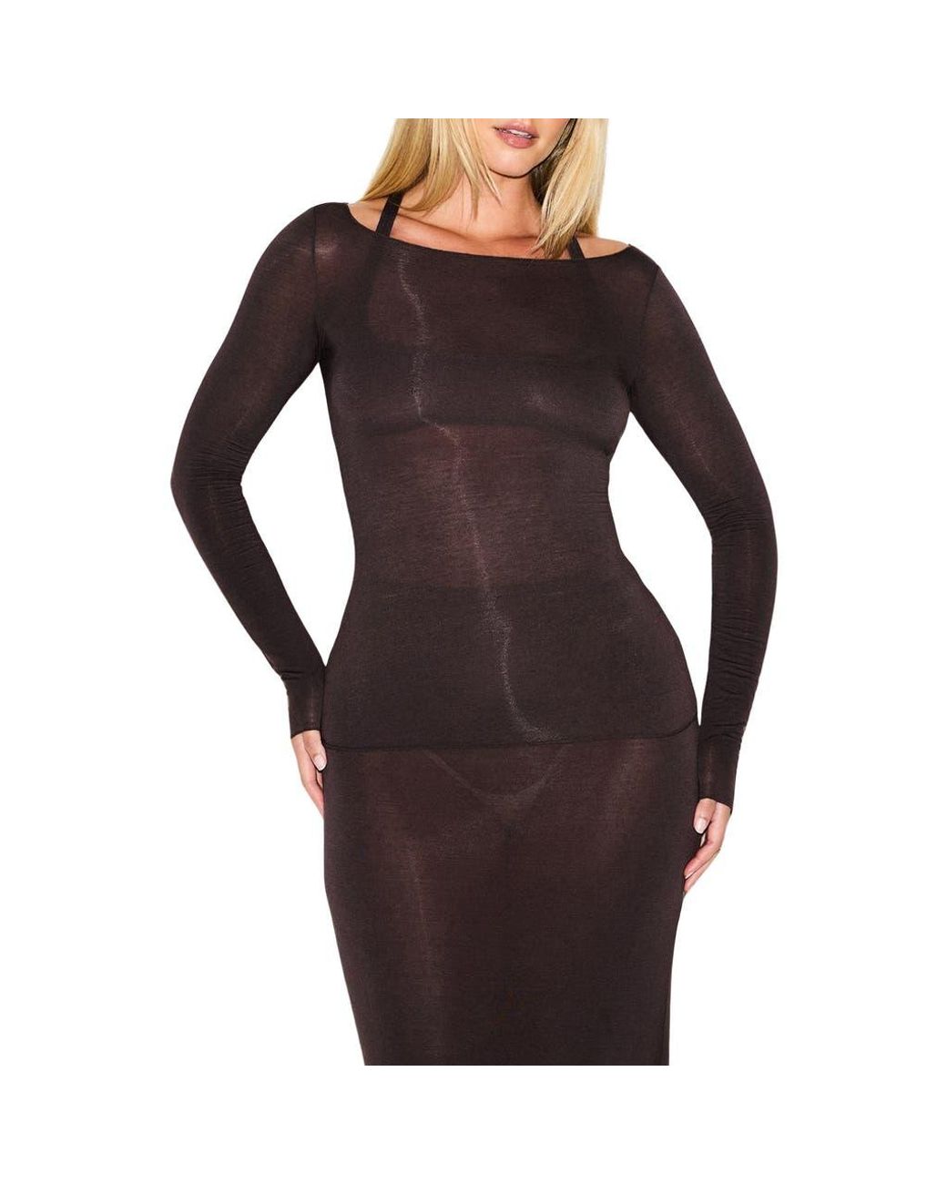Skims Sheer Modal Blend Long Sleeve Boat Neck Top in Black | Lyst