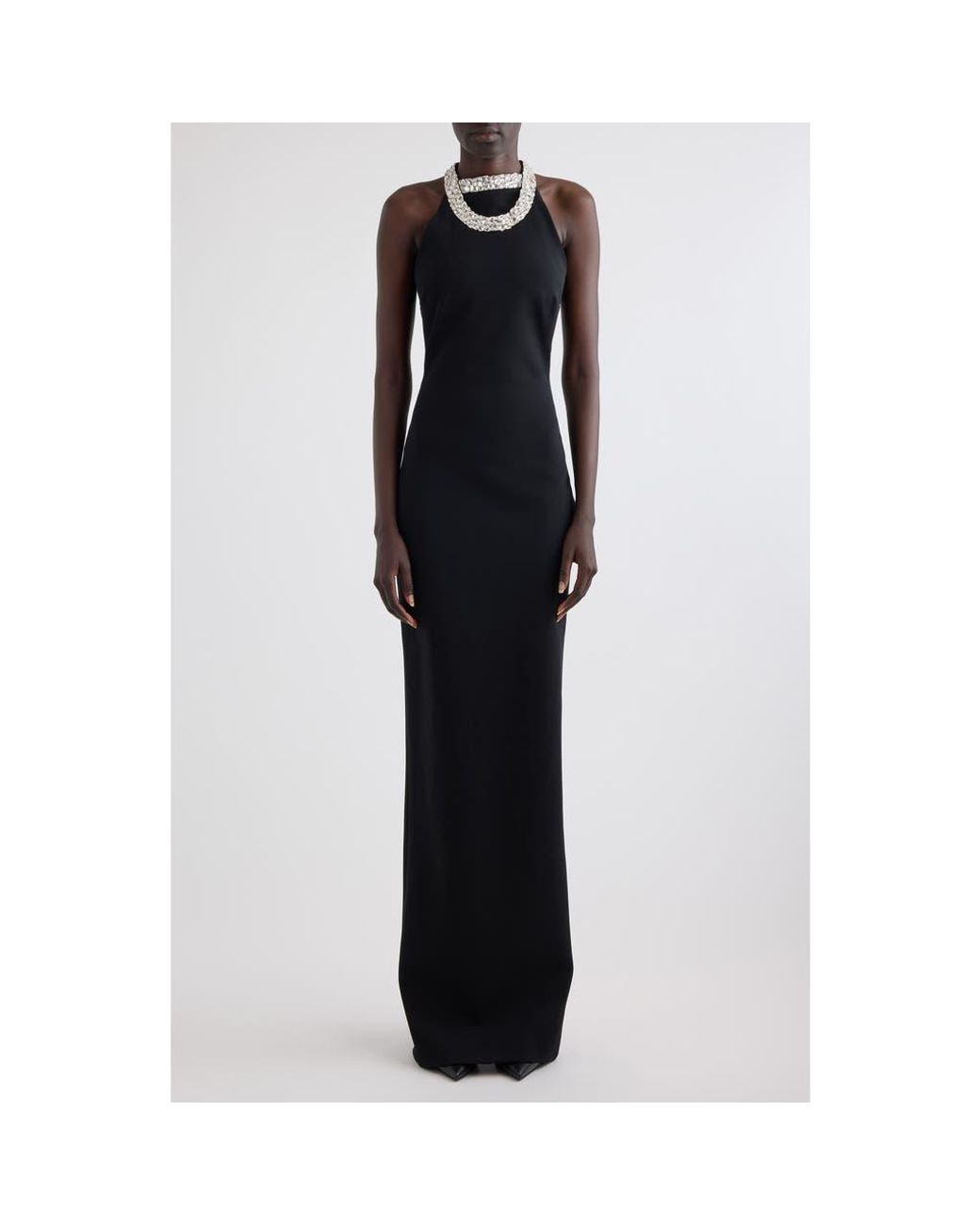 Balmain Double Crystal Collar Halter Neck Gown in Black | Lyst
