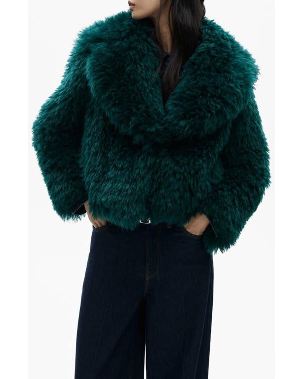 Mango Shaggy Faux Fur Jacket in Green | Lyst