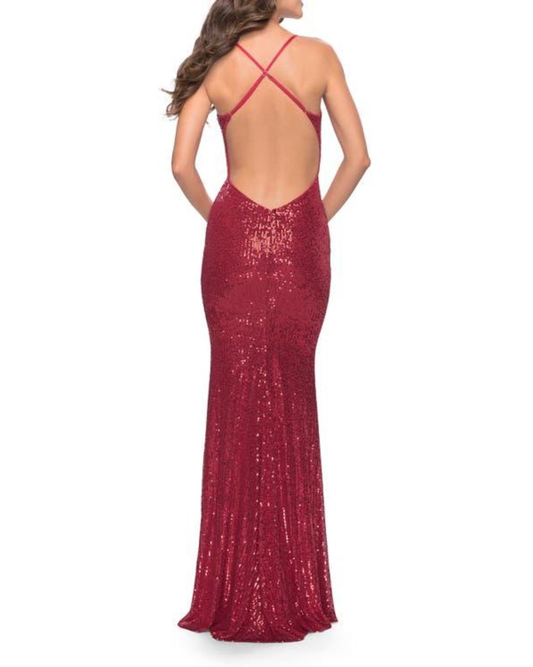 La Femme Sequin Long Dress With V Neckline And Open Low Back in Red | Lyst