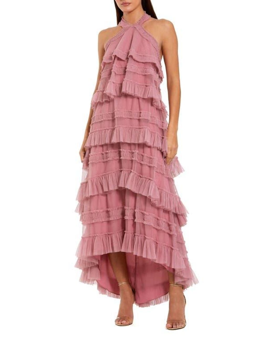 Mac Duggal Dot Mesh Ruffle Halter Neck Ankle Dress in Pink | Lyst
