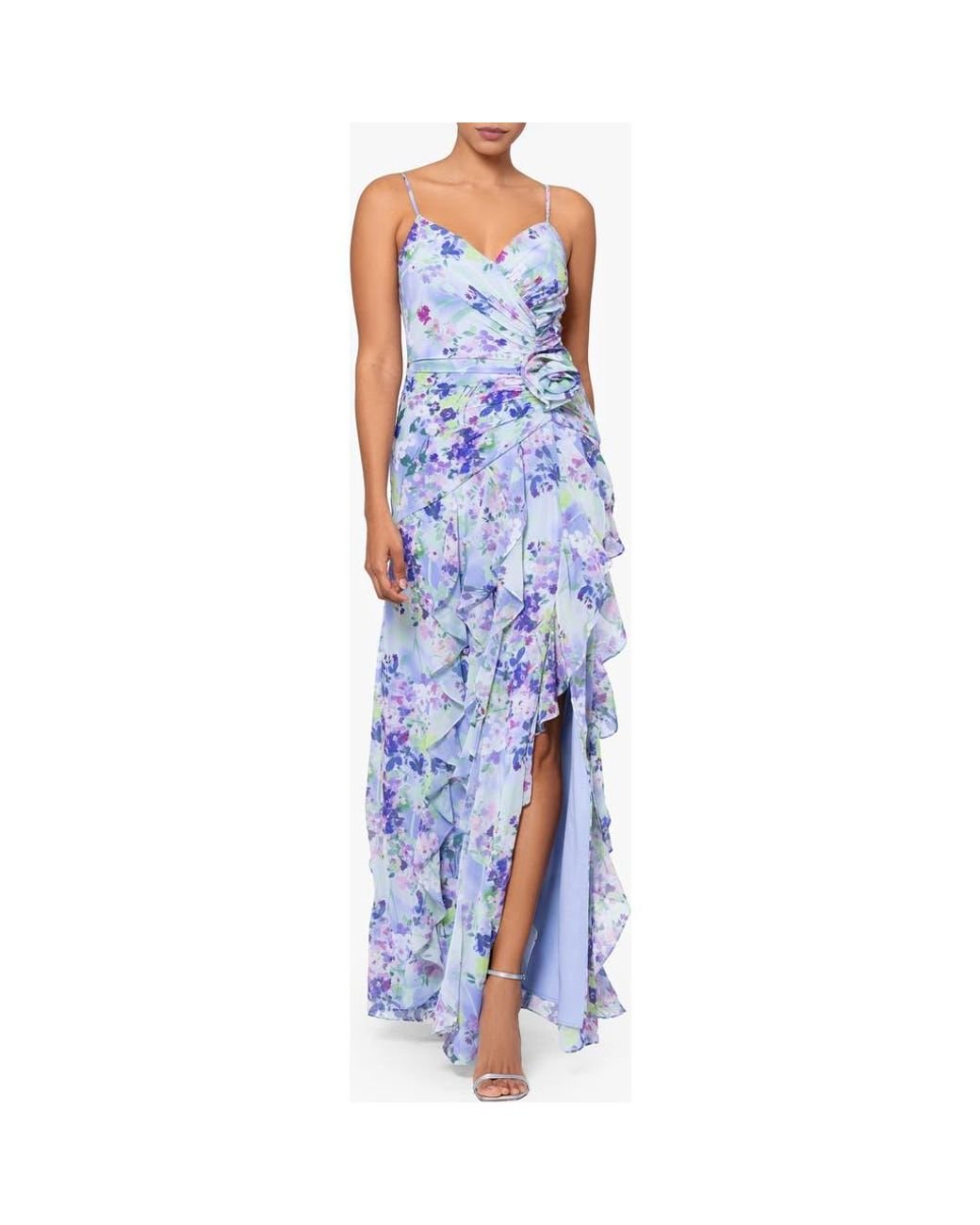 Xscape Evenings Floral Ruched Ruffle Gown in Blue | Lyst