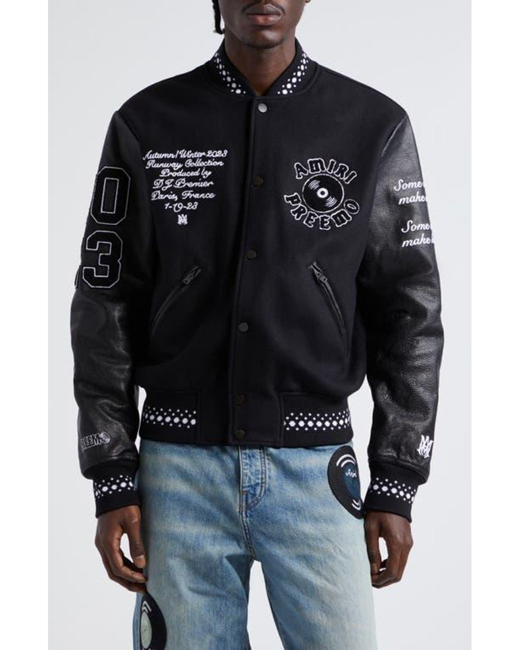 Amiri X Premier Records Patch Leather Sleeve Wool Blend Varsity Jacket ...