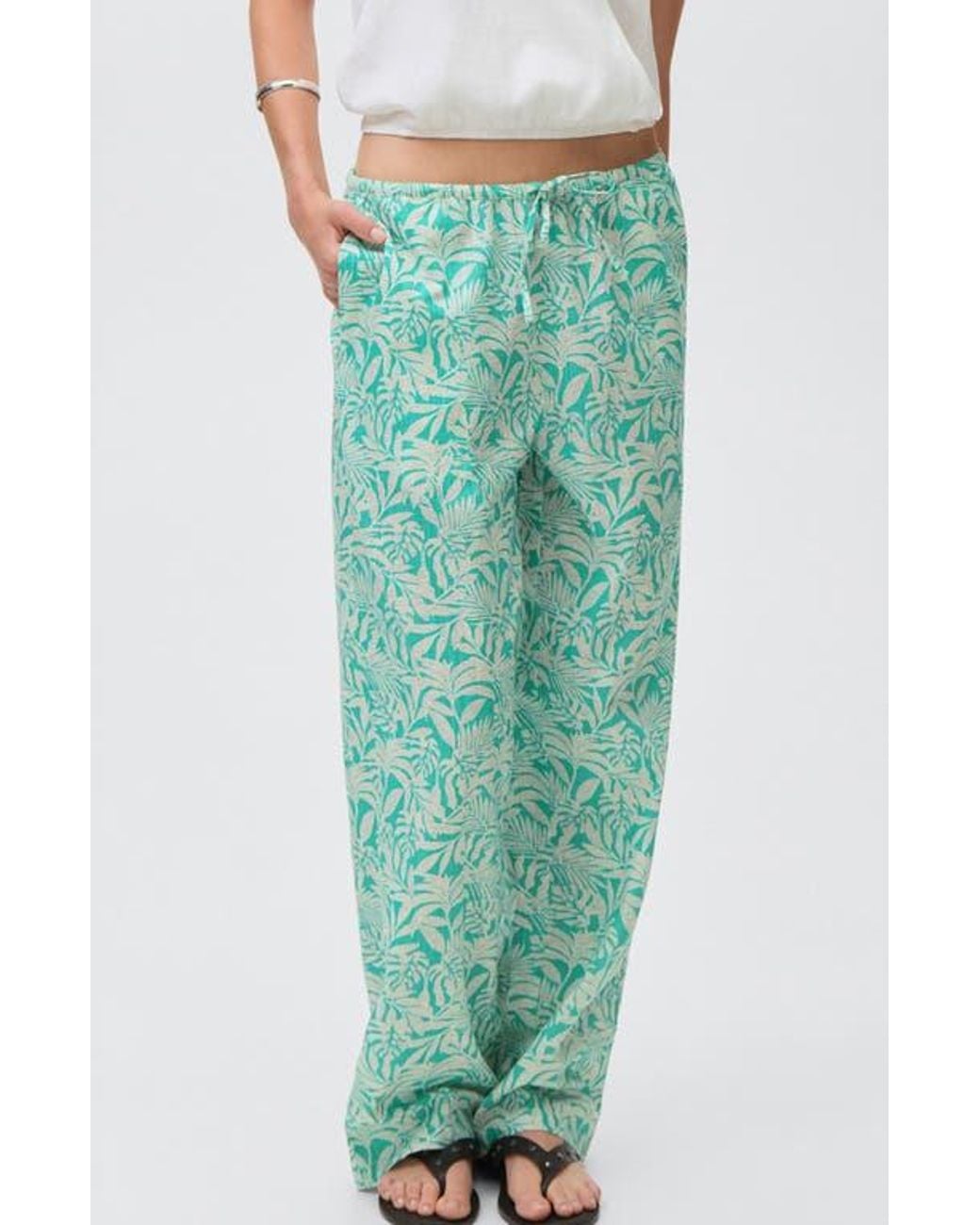 MANGO TEEN Floral Print Wide Leg Pants in Green | Lyst