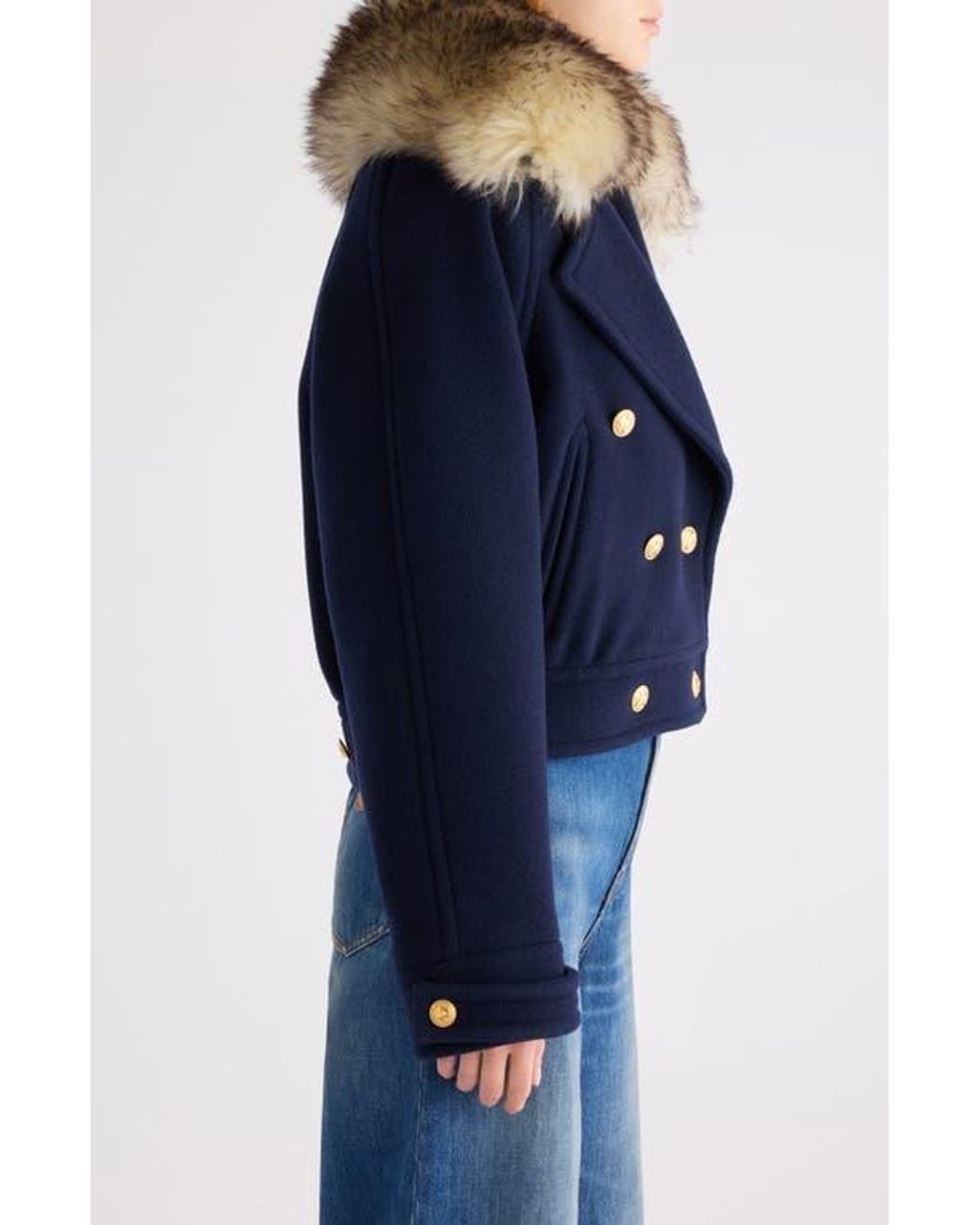 Chloé Crop Double Breasted Coat With Genuine Shearling Collar in Blue ...