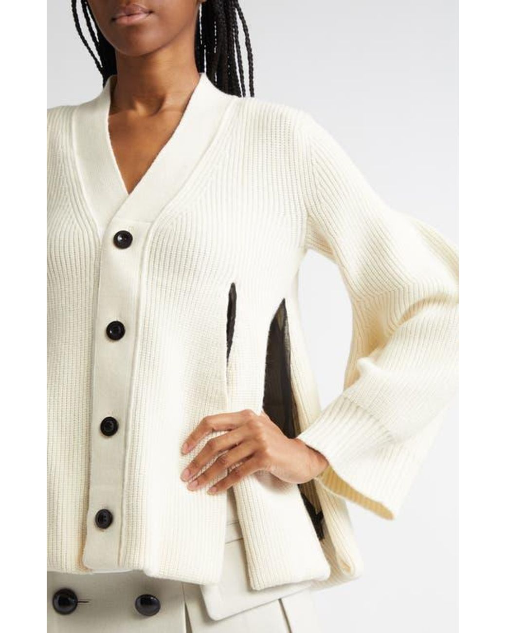 Sacai Mixed Media Wool Cardigan in Natural | Lyst Sacai Mixed Media Wool Cardigan in Natural | Lyst