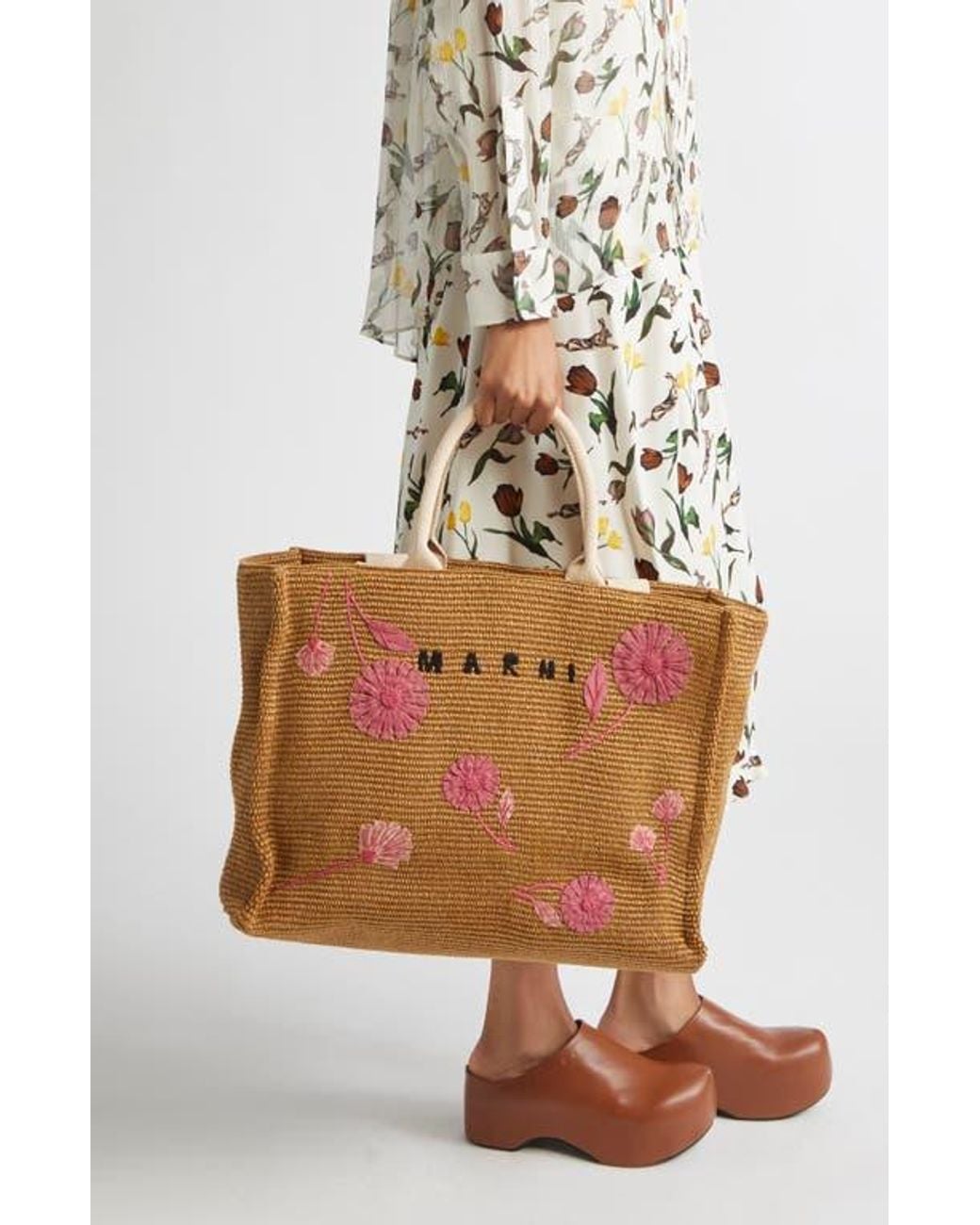 Marni Large Floral Embroidered Tote in Brown | Lyst