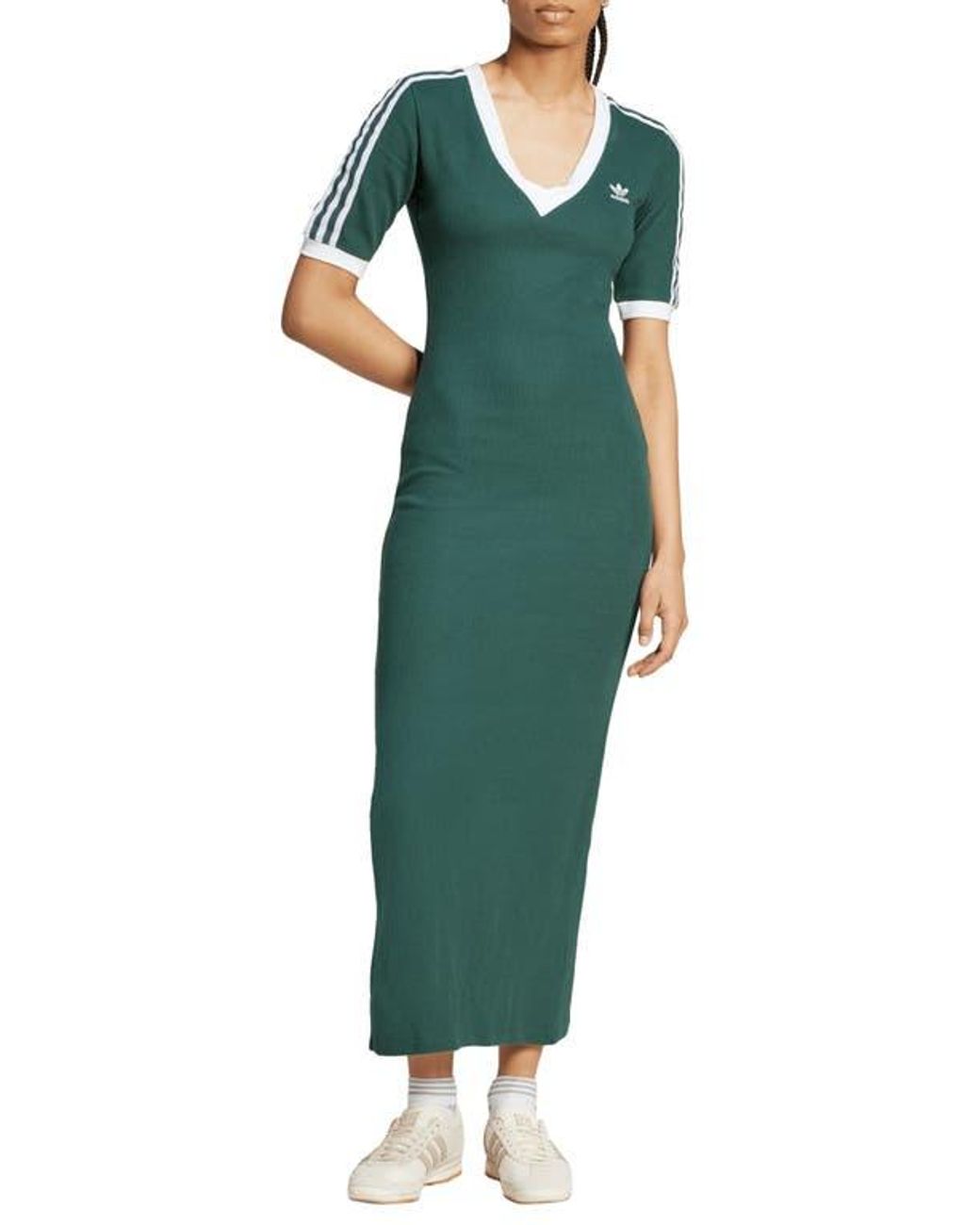 adidas Originals Adicolor 3-Stripes Knit Maxi Dress in Green | Lyst