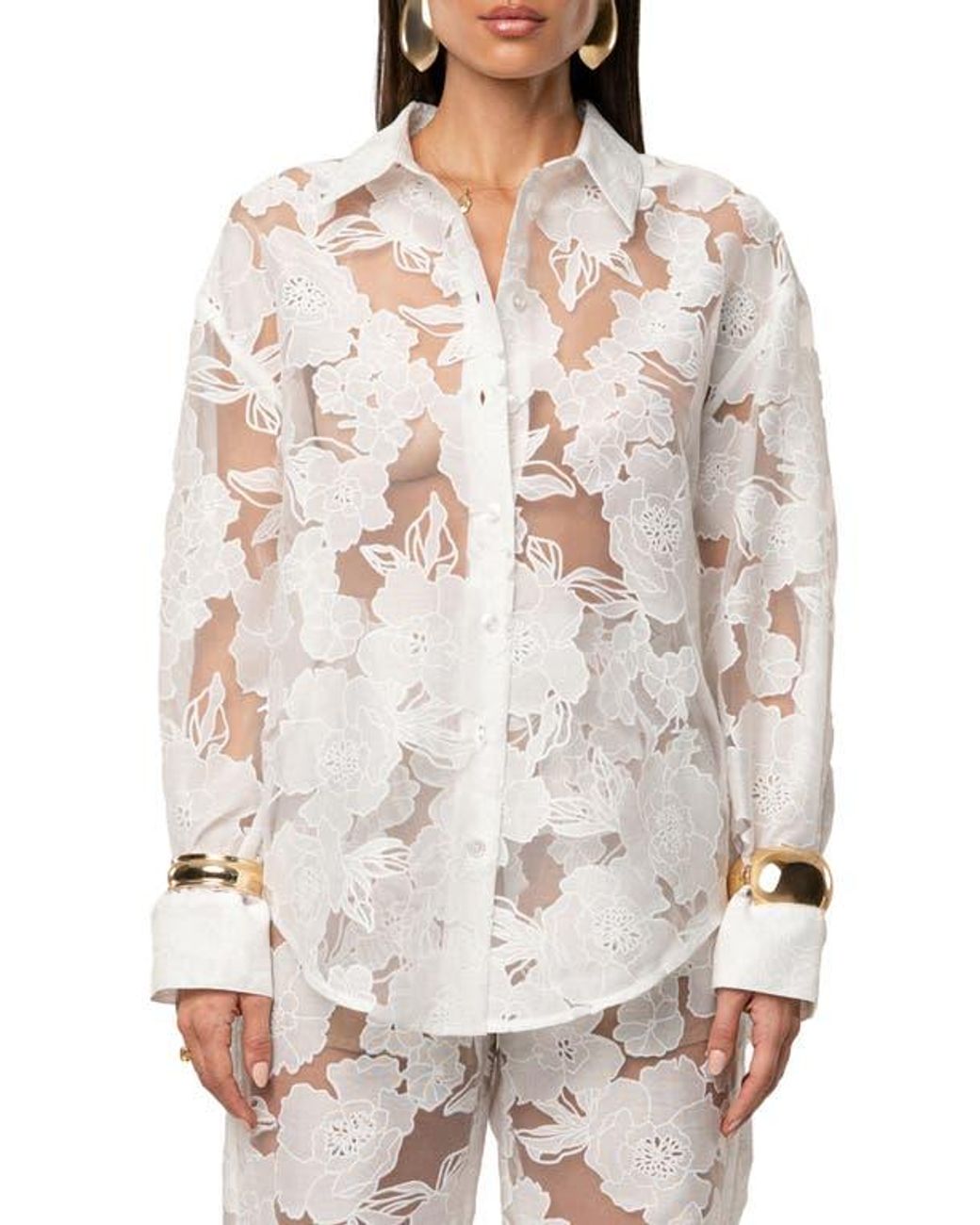JLUXLABEL Embroidered Floral Cotton Blend Organza Button-Up Shirt in ...