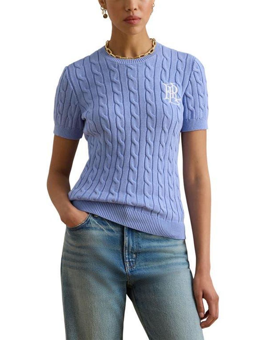 Ralph Lauren Embroidered Logo Short Sleeve Cable Sweater in Blue | Lyst