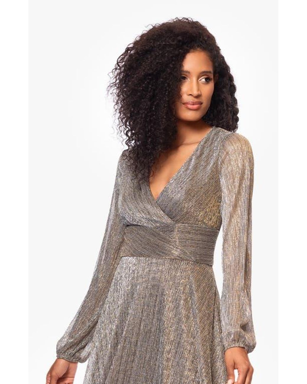 Betsy & Adam Metallic Wrap Bodice Long Sleeve Gown in Brown | Lyst
