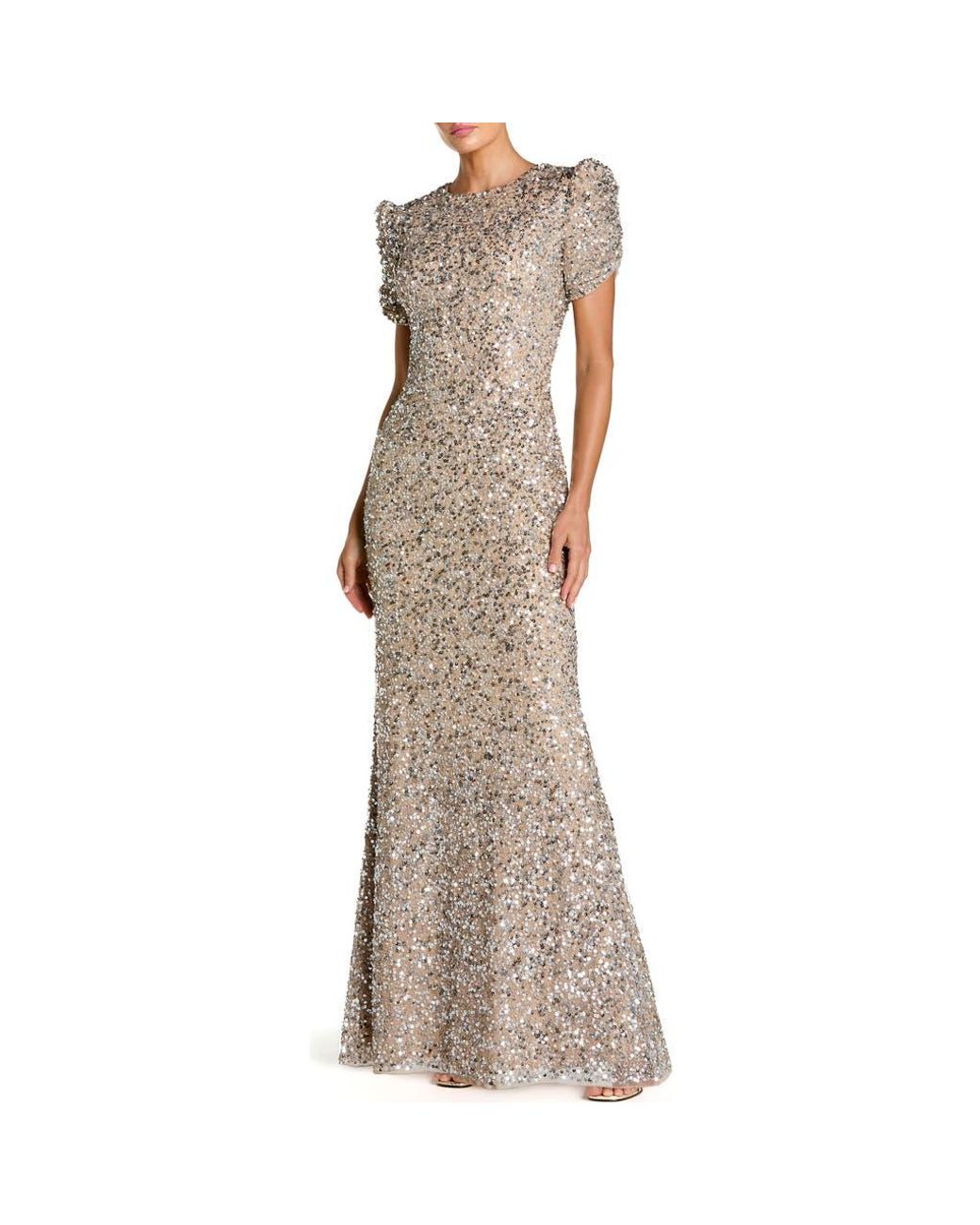 Mac Duggal Beaded Mesh High Neck Puff Sleeve Gown in Natural | Lyst
