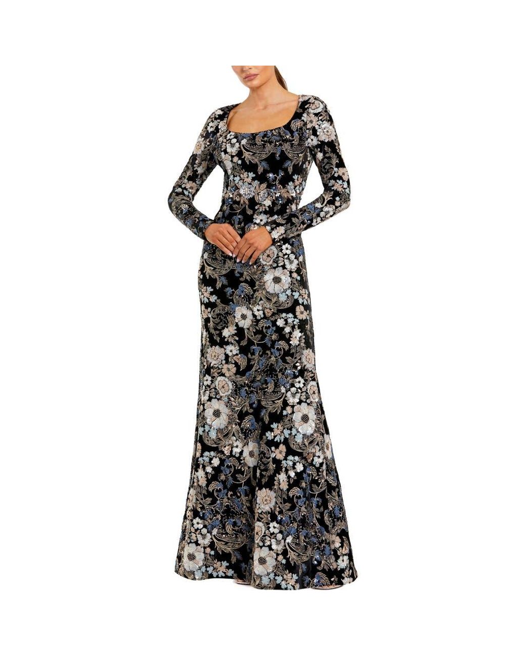 Mac Duggal Embroidered Velvet Long Sleeve Scoop Neck Gown in Black | Lyst