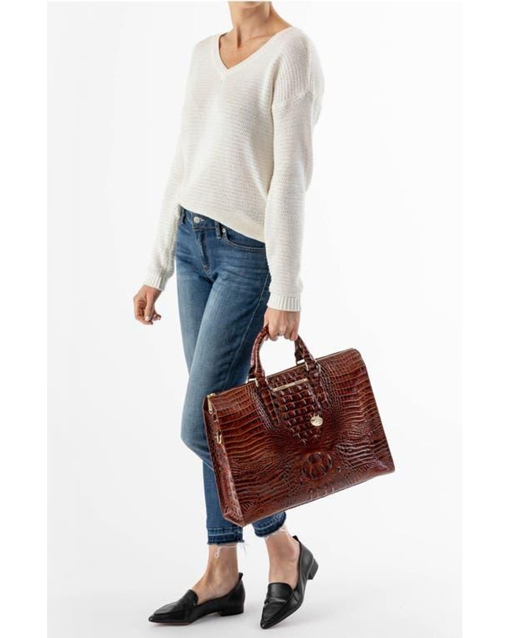 Brahmin Business Croc Embossed Leather Tote in Blue | Lyst