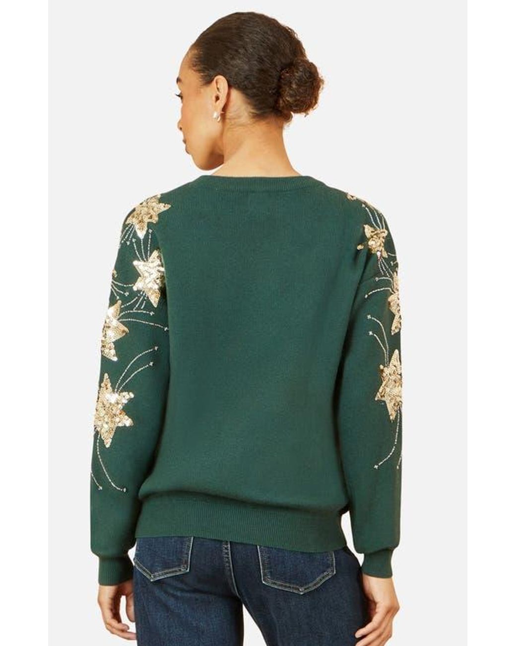 Yumi' Sequin Star Detail Relaxed Fit Sweater in Green | Lyst