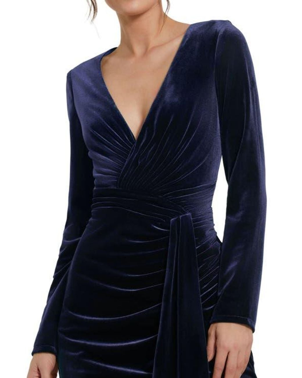 Mac Duggal Long Sleeve Deep V Neck Draped Velvet Gown in Blue | Lyst