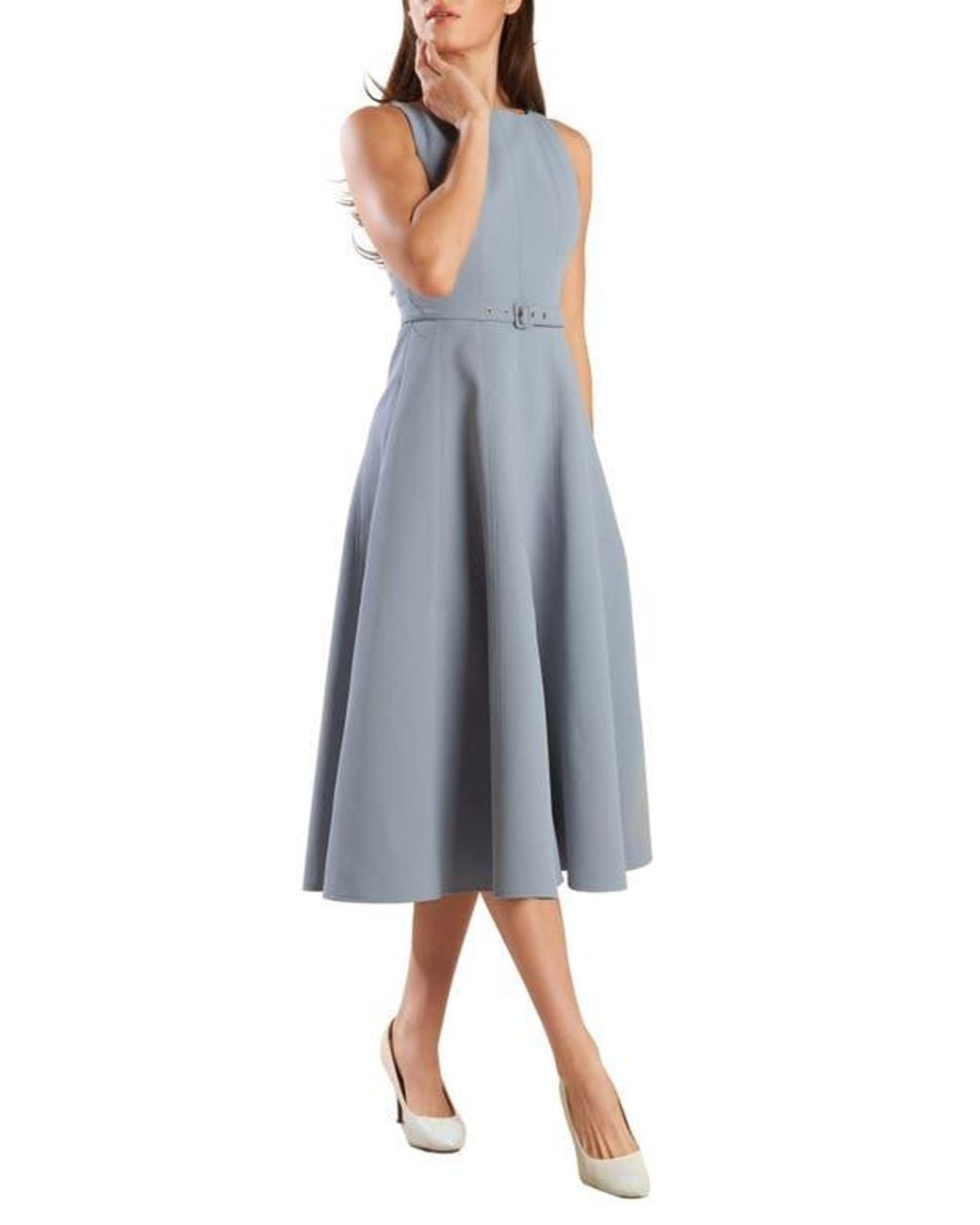 FREEMARKET Seamed Sleeveless Belted Fit & Flare Dress in Blue | Lyst