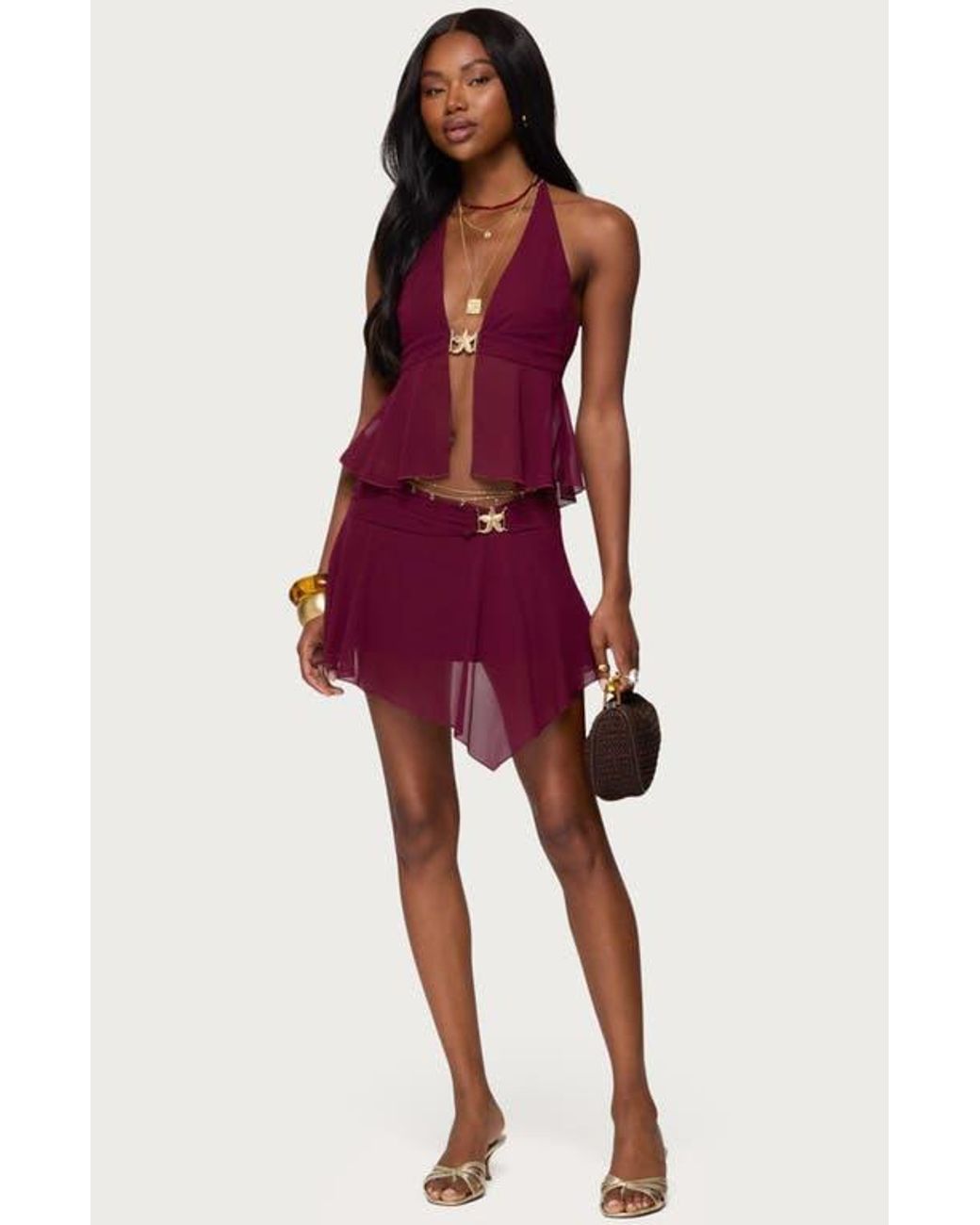 Edikted Sea Star Split Front Chiffon Halter Top in Red | Lyst
