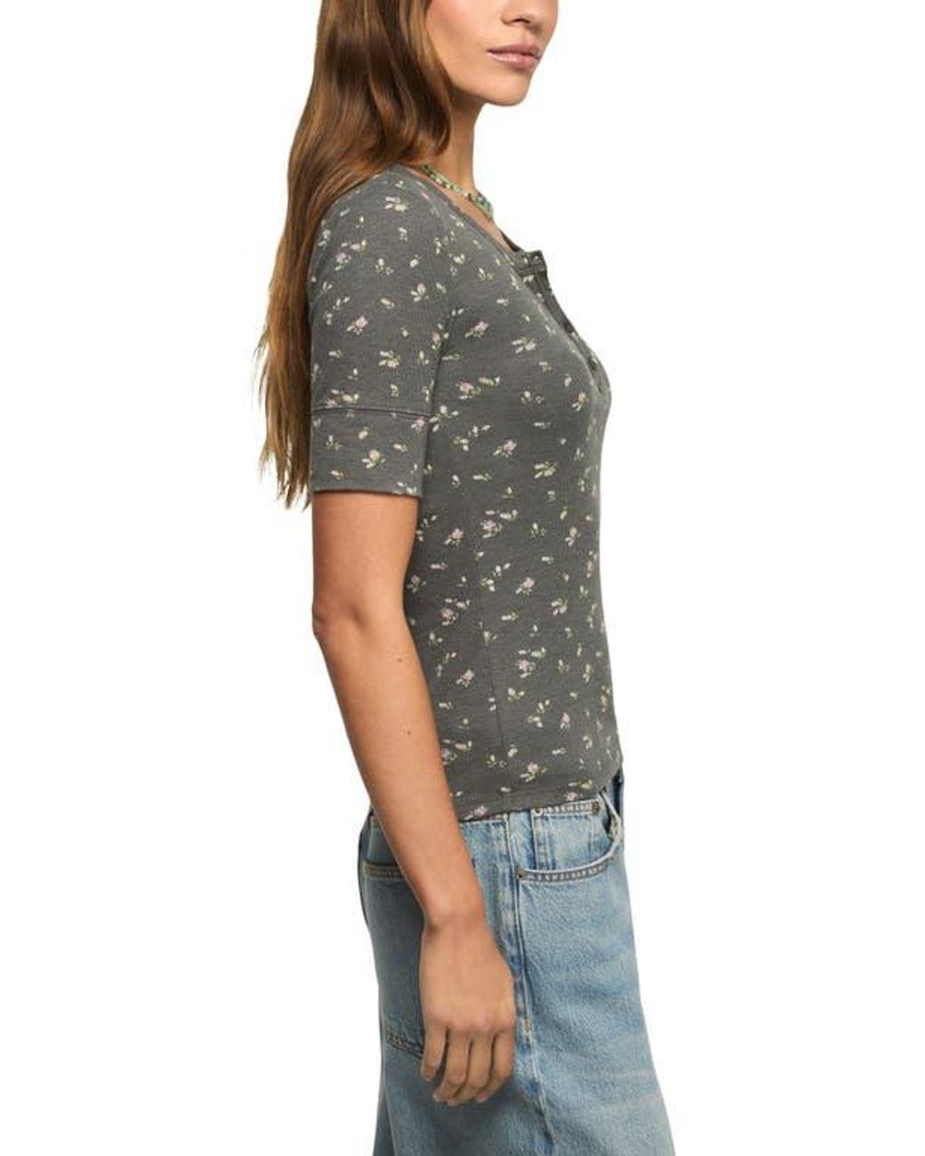 Lucky Brand Rib Henley Top in Gray | Lyst