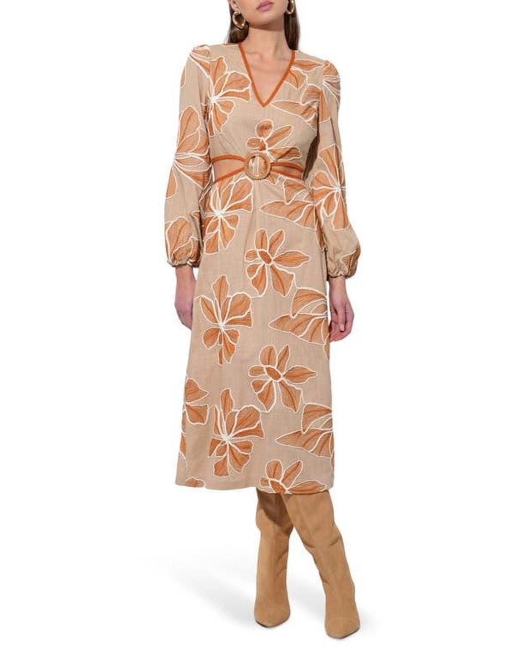 Adelyn Rae Joy Embroidered Side Cutout Long Sleeve Midi Dress in ...