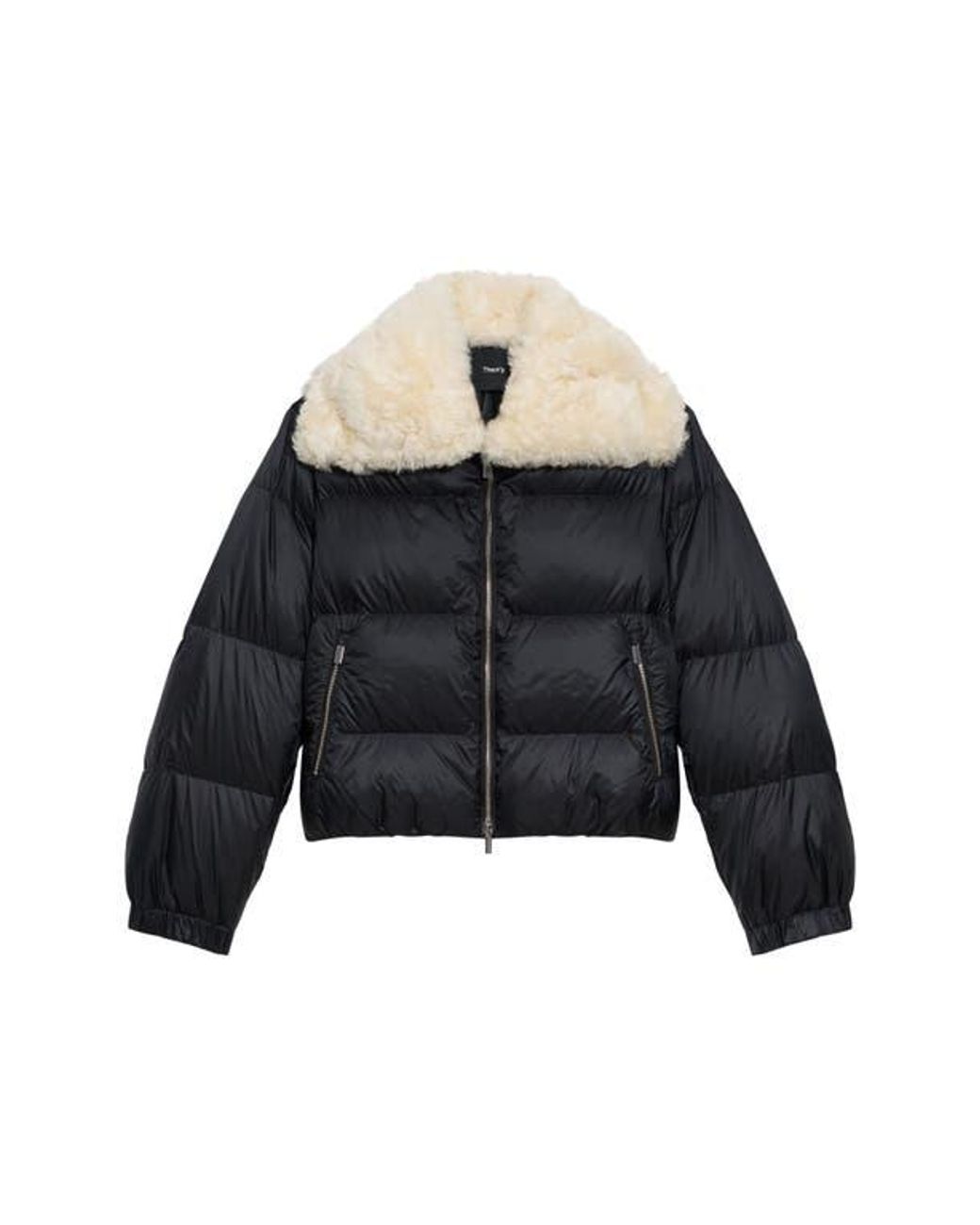 Theory Genuine Shearling Collar Puffer Jacket in Black | Lyst