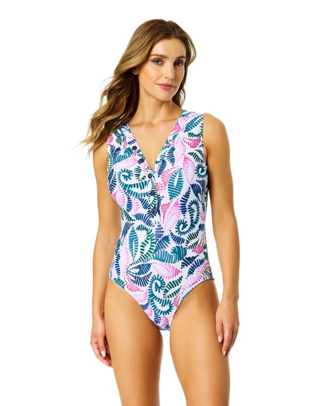 Anne Cole V Neck Snap Front One Piece Swimsuit in Blue | Lyst