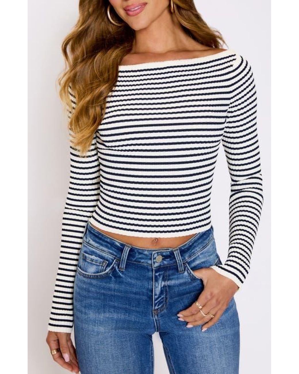 Vici Collection Merci Stripe Off The Shoulder Sweater in Blue | Lyst