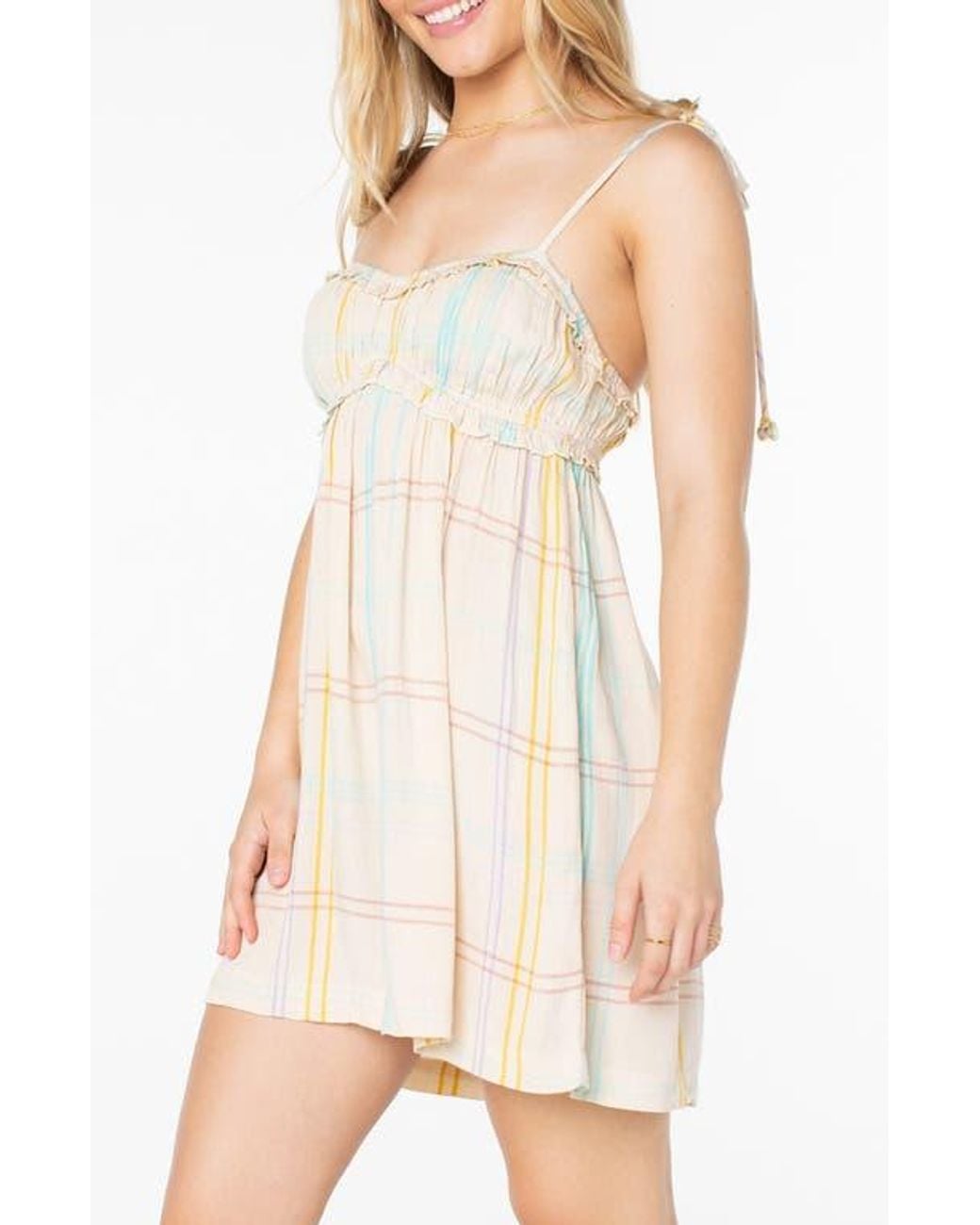 Roxy Island Reverie Plaid Babydoll Minidress in White | Lyst